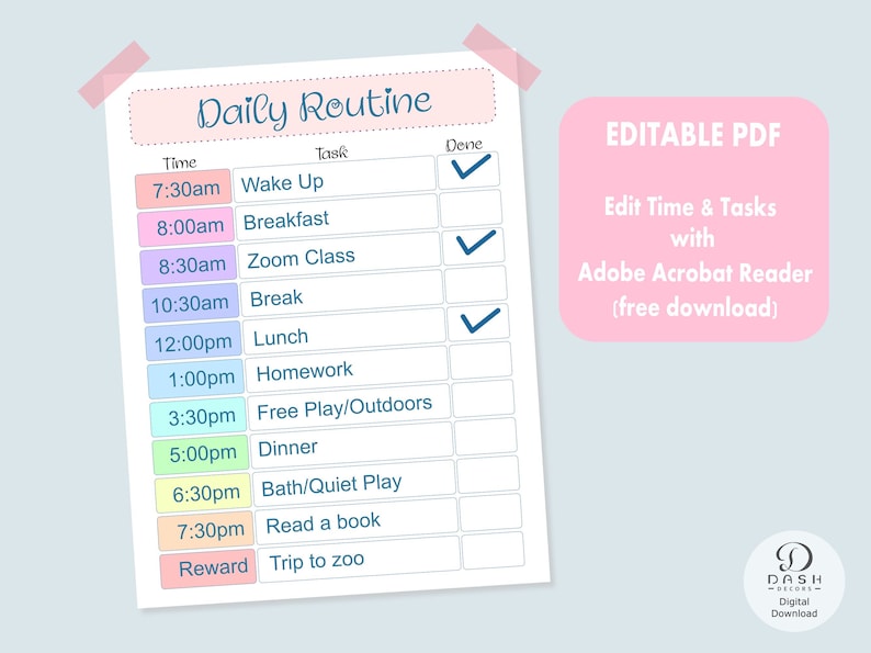 Editable Daily Routine Chart & Chore Chart for Kids Printable Reward ...
