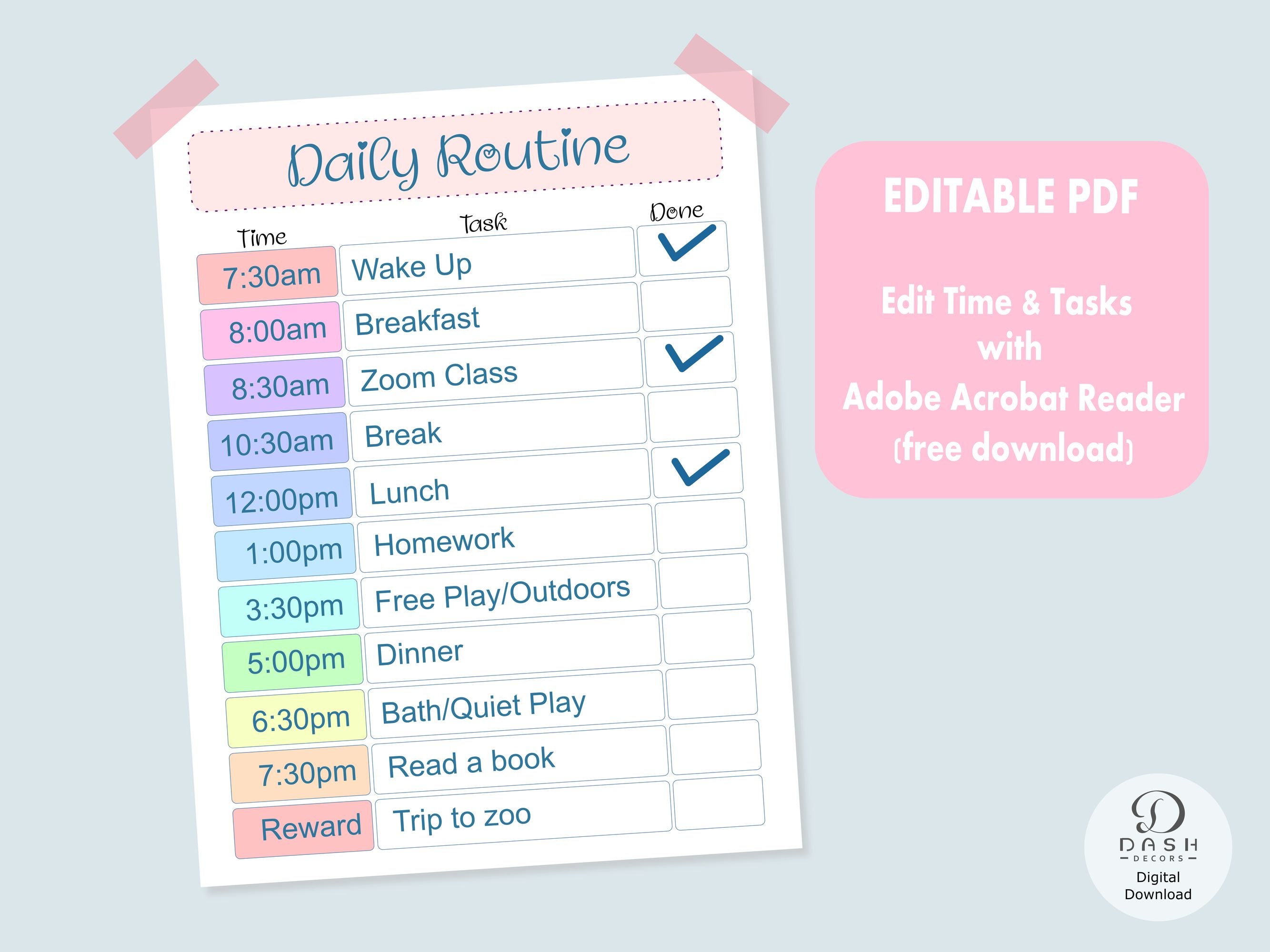 Editable Daily Routine Chart & Chore Chart for Kids Printable Reward ...