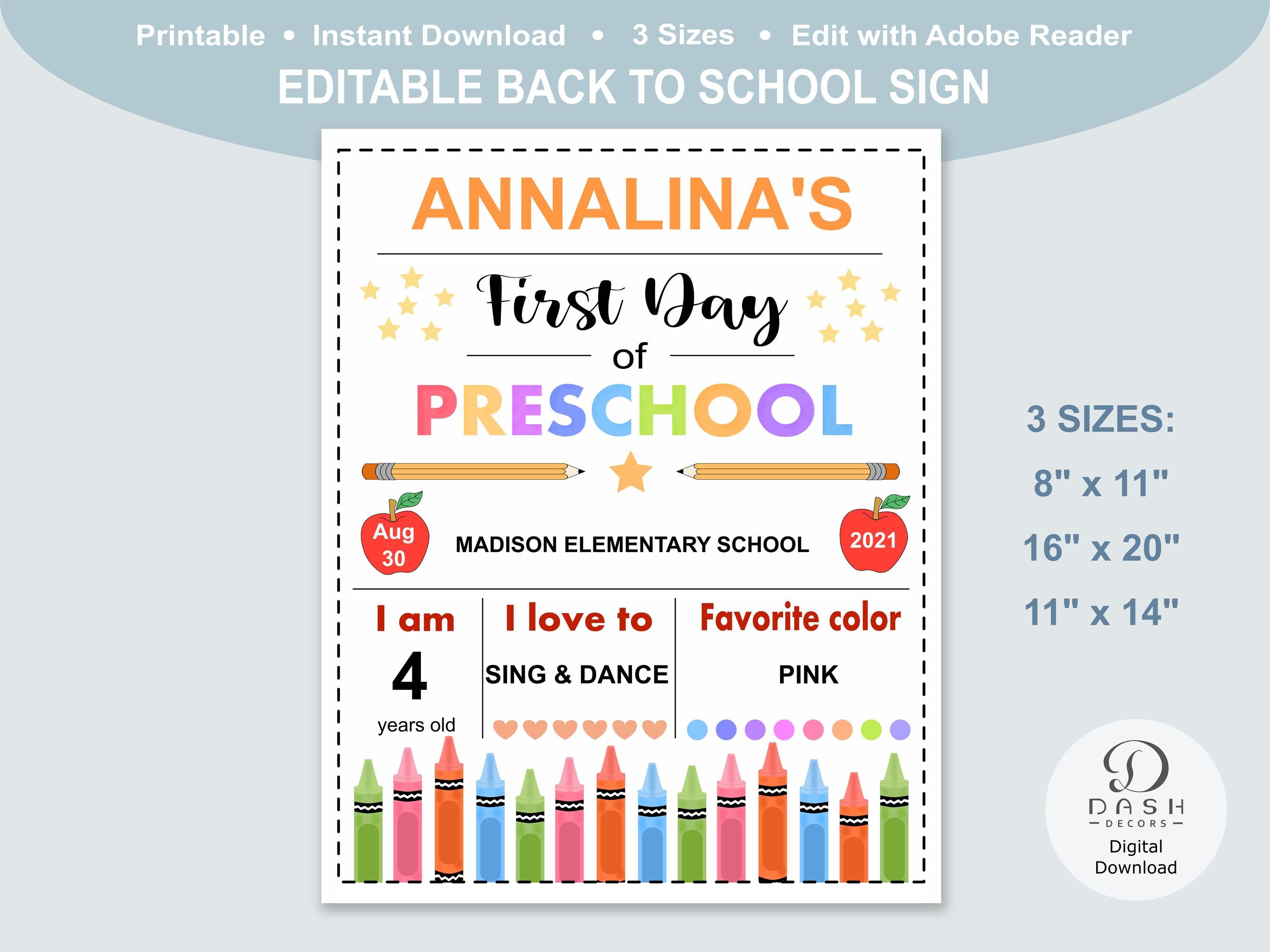 Editable First Day of School Sign for Preschool - Personalized First ...