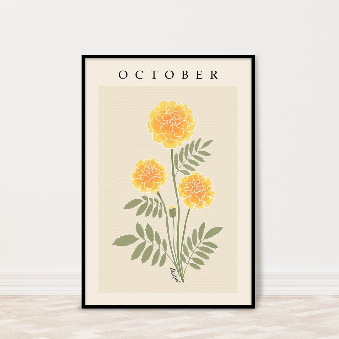 October Merigold Birth Month Flower Print | Personalized Yellow Birth ...