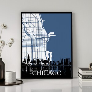 Chicago Wall Art | City Map Print With Chicago Skyline | Blue and Black ...