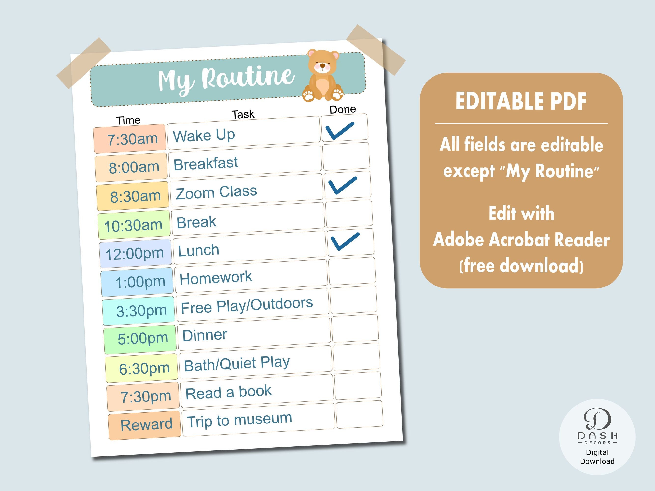 Editable Chore & Routine Chart for Kids With Time Digital Daily Routine ...