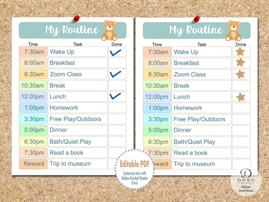 Editable Chore & Routine Chart for Kids With Time Digital Daily Routine ...
