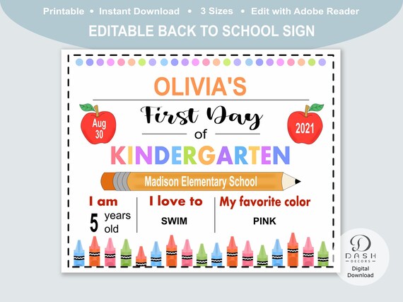 Editable First Day of Kindergarten Back to School Sign - Etsy