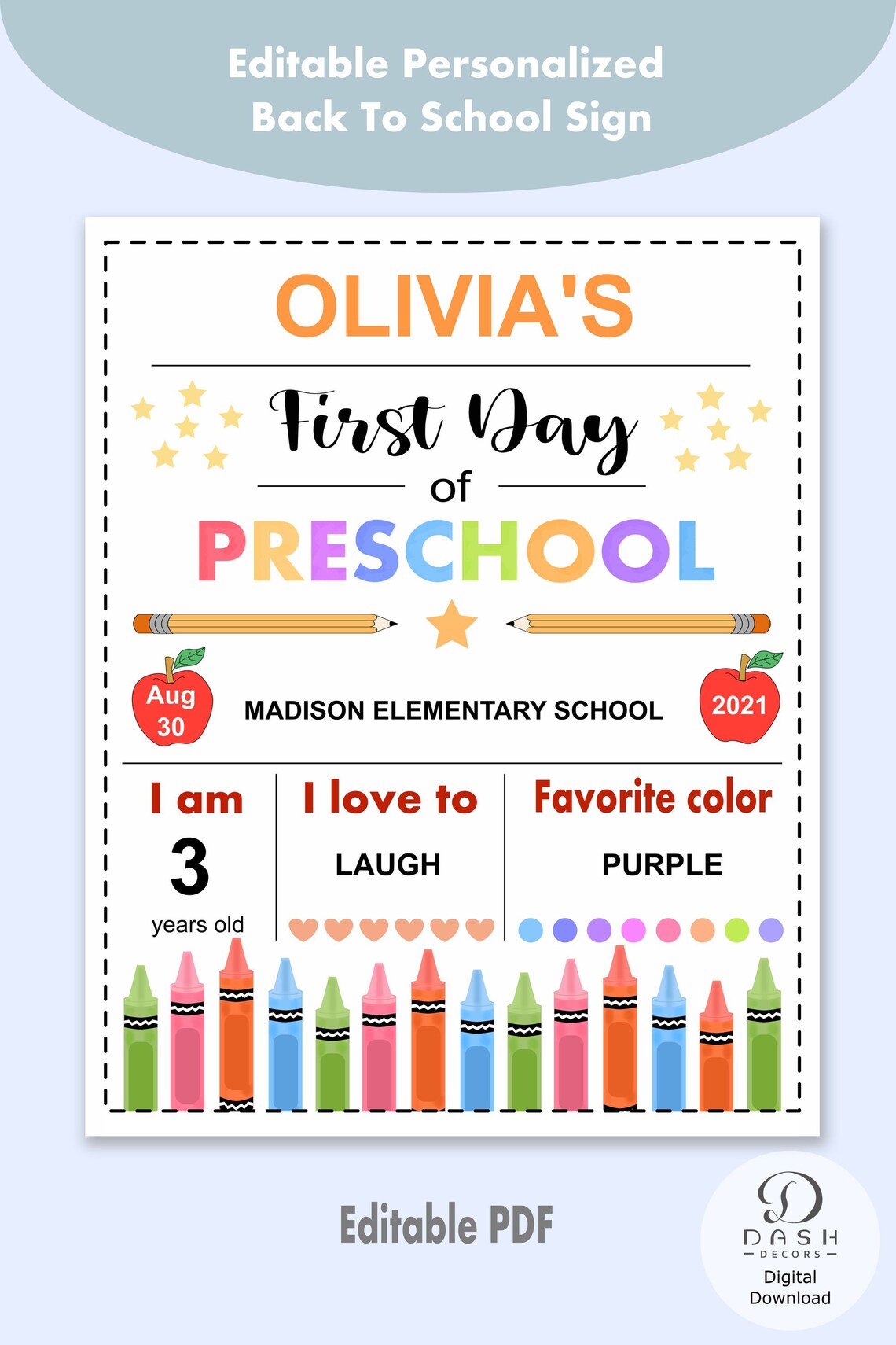 Editable First Day of School Sign for Preschool - Personalized First ...