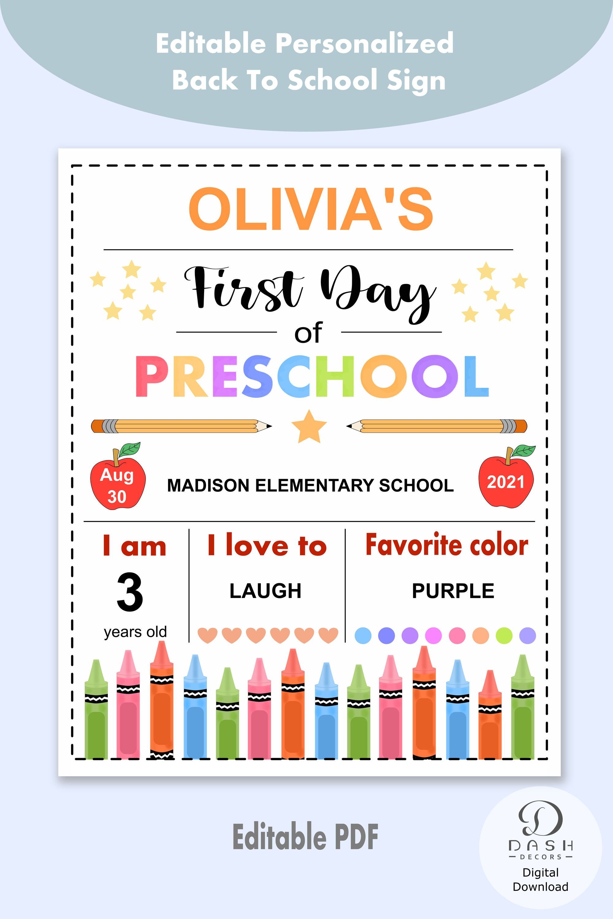 Editable First Day of School Sign for Preschool Personalized First Day ...