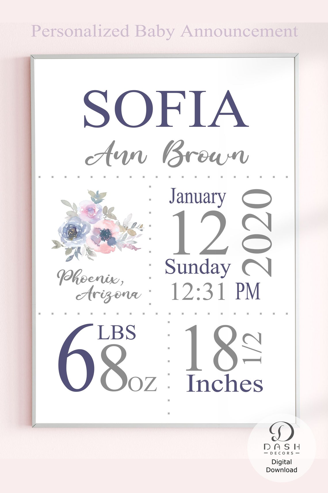 Custom Birth Announcement Printable Wall Art for Girl - Etsy