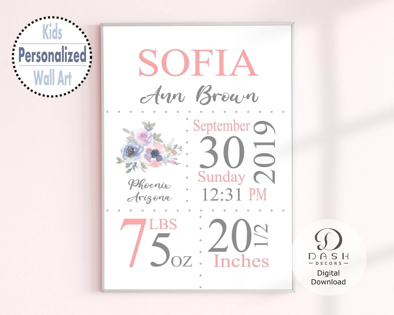 Custom Birth Announcement Printable Wall Art for Girl Personalized ...