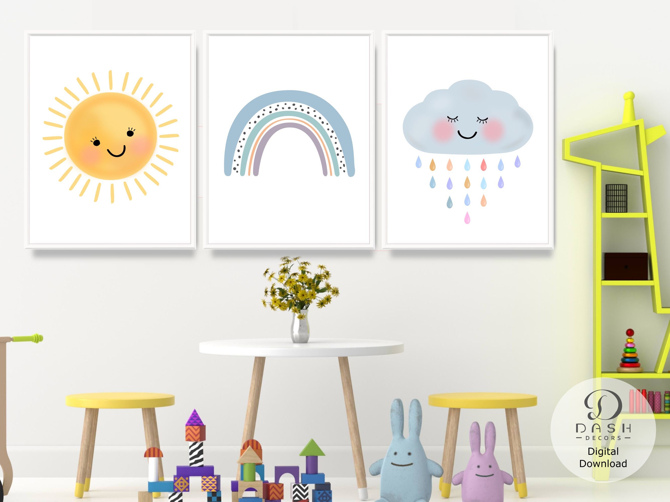 Sun, Rainbow, Cloud Wall Art Set for Nursery, Set of 3, Pastel Neutral ...