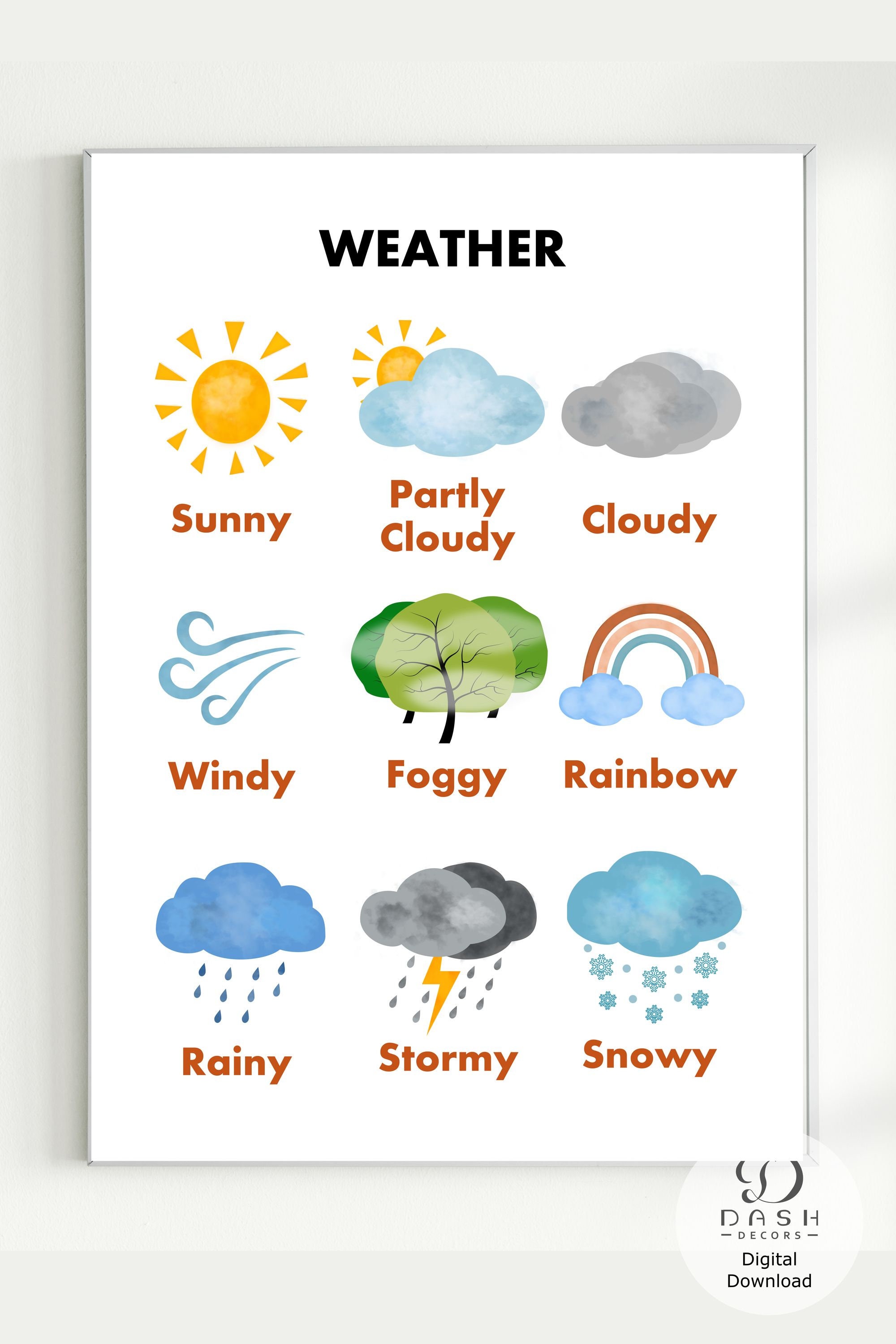 Kid Weather Chart, Poster & Print Printable Montessori Weather School ...