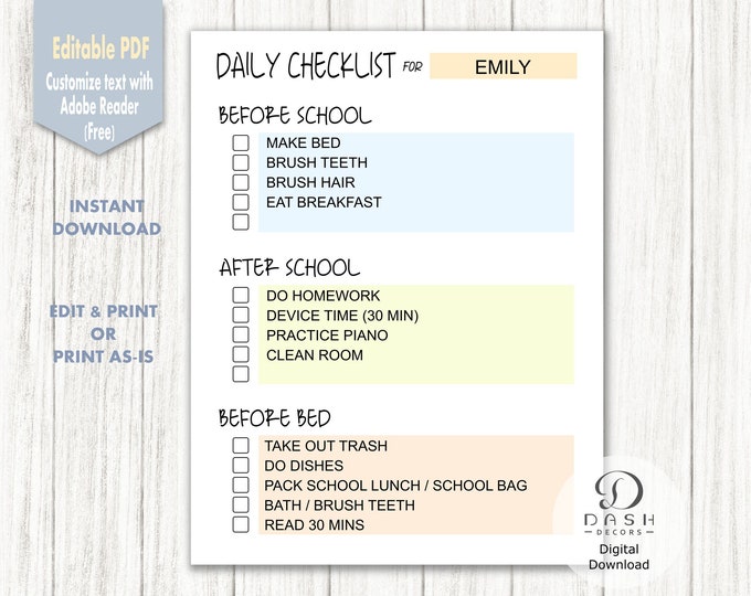 Editable Kids Daily Checklist, Kids Daily Routine Chart, Responsibility ...