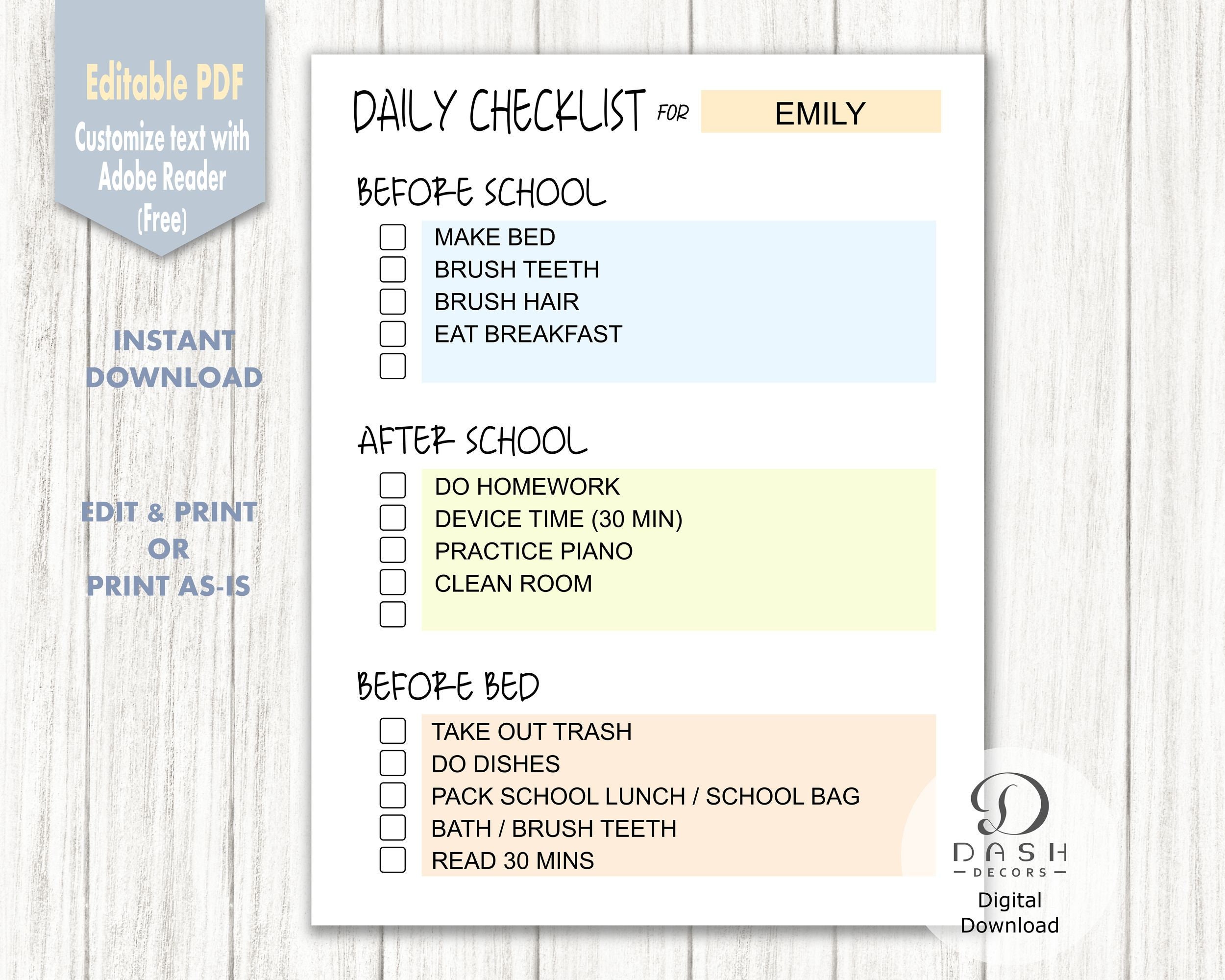 Editable Daily Chore Chart for Kids, Daily Checklist for Kids, Kids ...