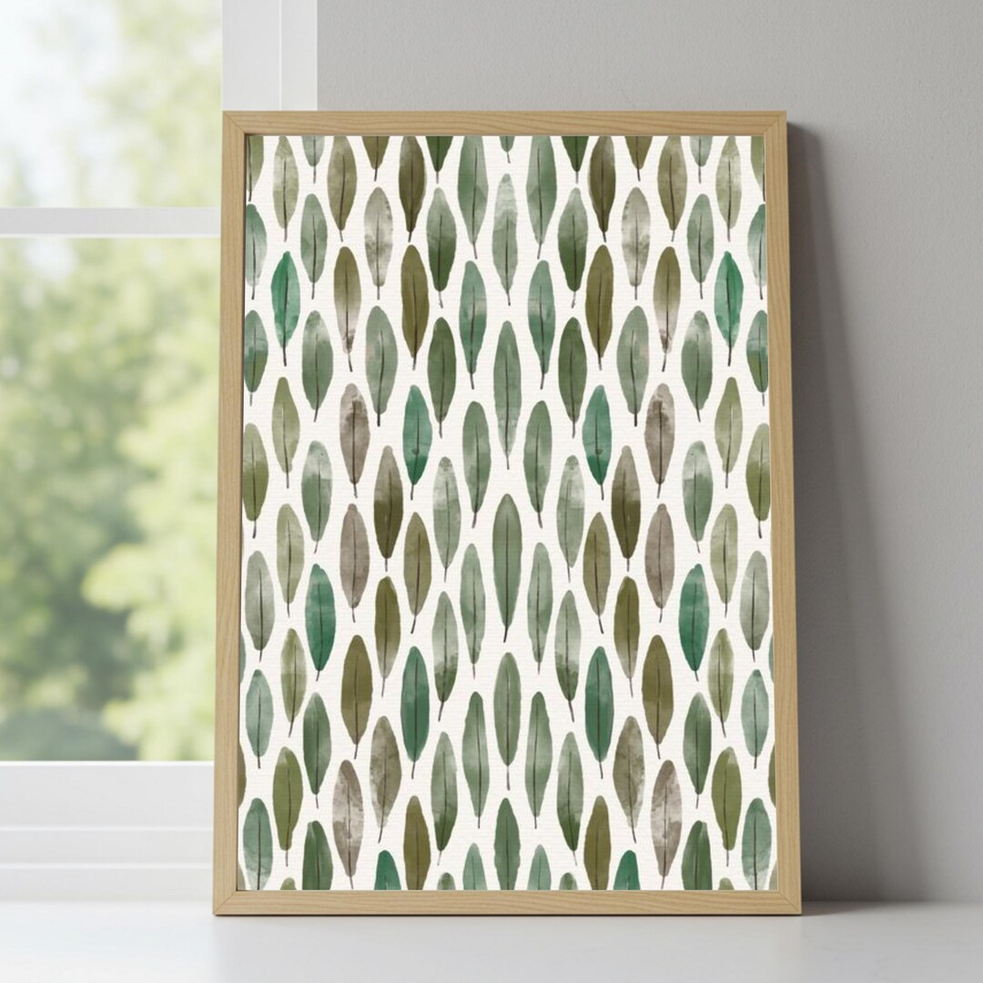 Sage Green Leaf Pattern Art Print | Hand-illustrated Giclee Neutral ...