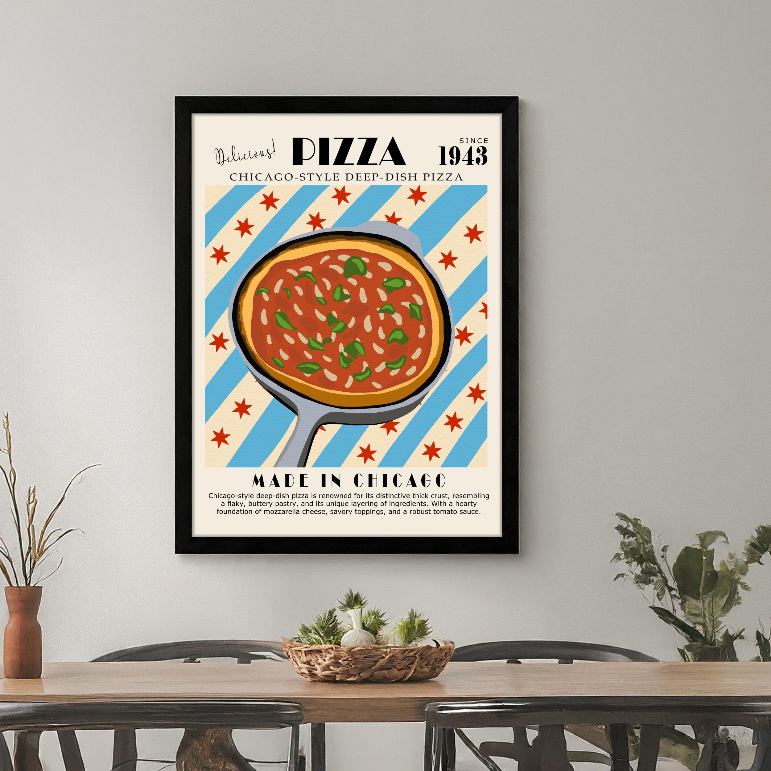 Chicago Pizza Poster, Chicago-style Deep-dish Pizza Art Print, Retro ...