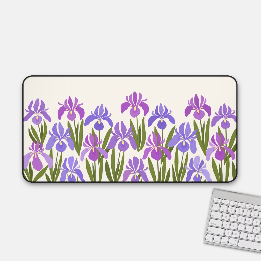 Cute Iris Botanical Desk Mat With Black Stitched Edges | Pink and ...