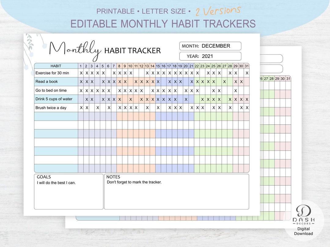 Editable Monthly Habit Tracker Templates, Undated Goal Planner ...