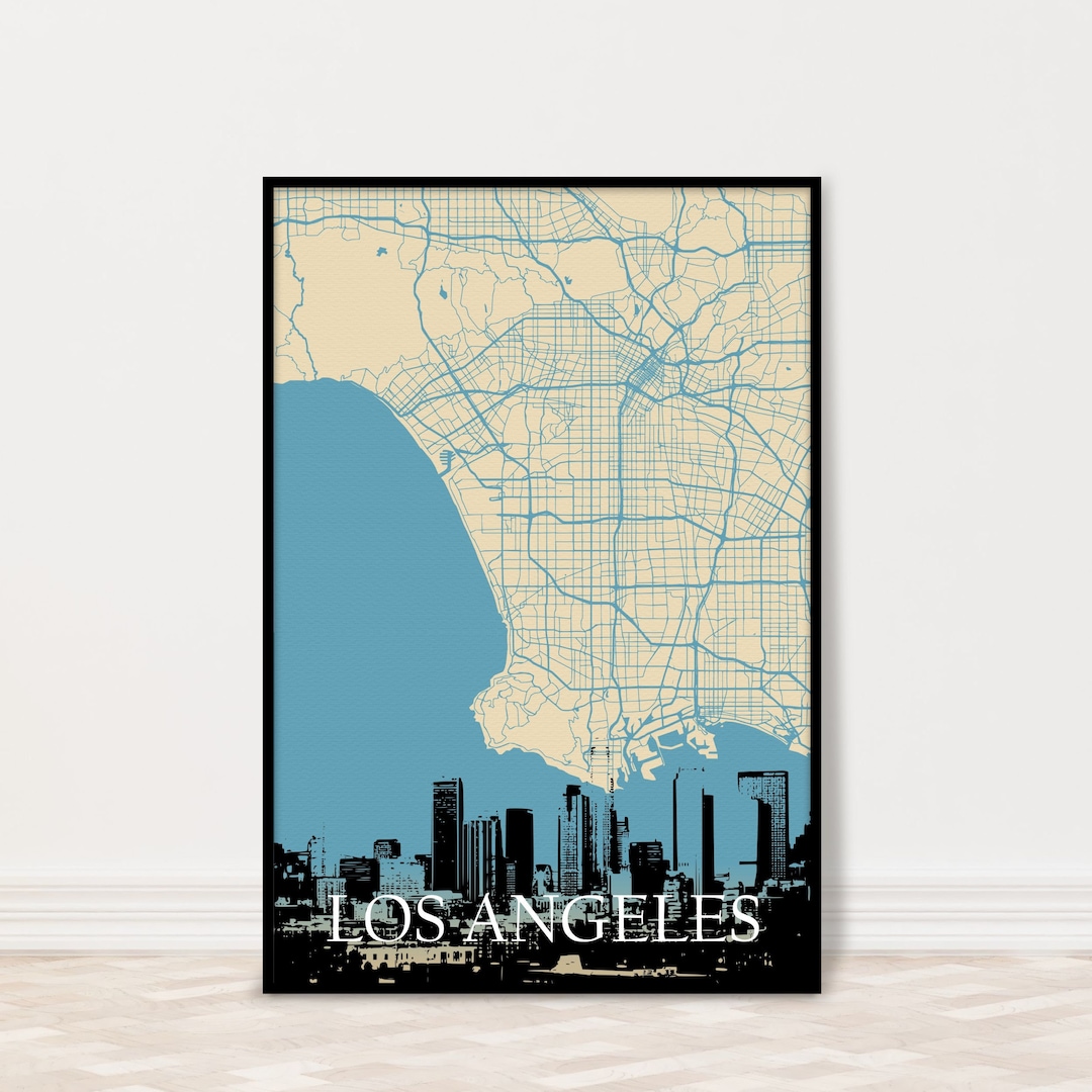 Los Angeles Map Print | LA City Map Print With Skyline | Blue Black Map ...