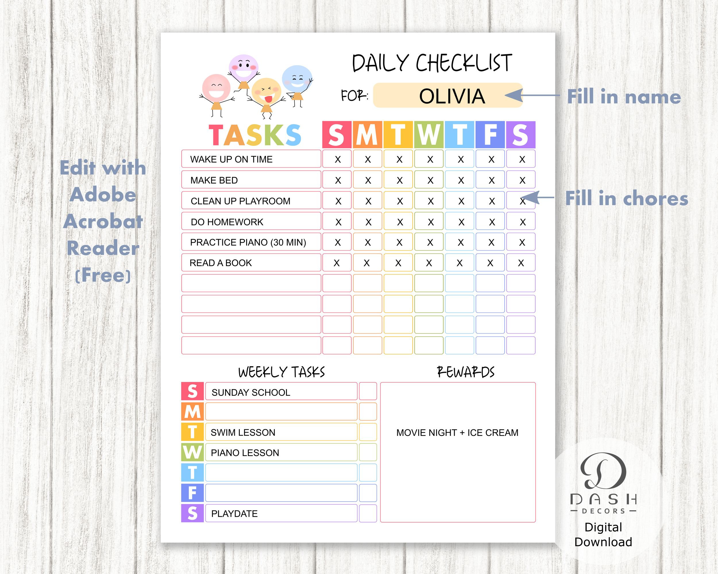 Editable Chore Chart for Kids Daily & Weekly Checklist With - Etsy ...