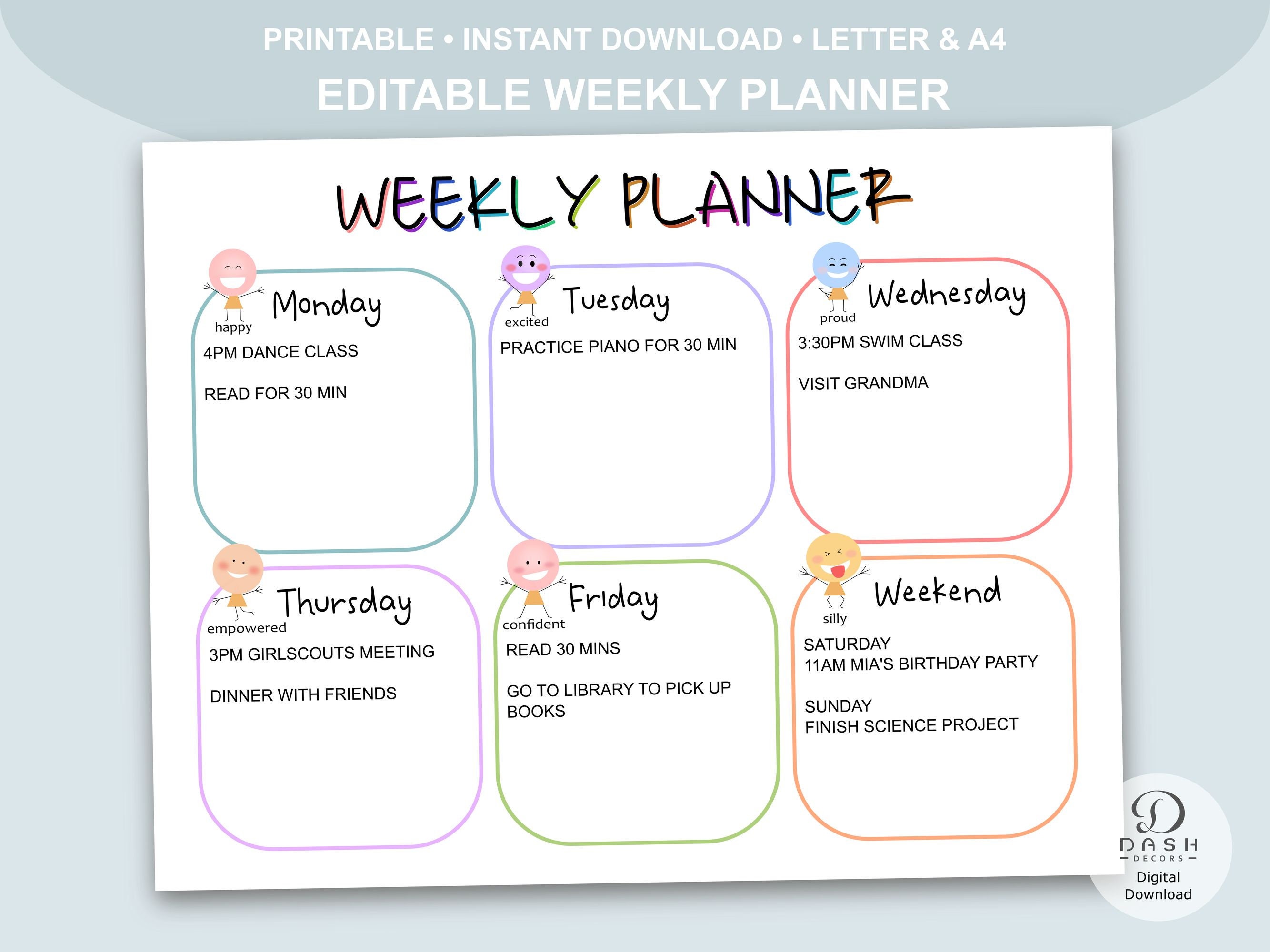 Editable Weekly Planner for Kids, Cute Undated Weekly Planner, Weekly ...