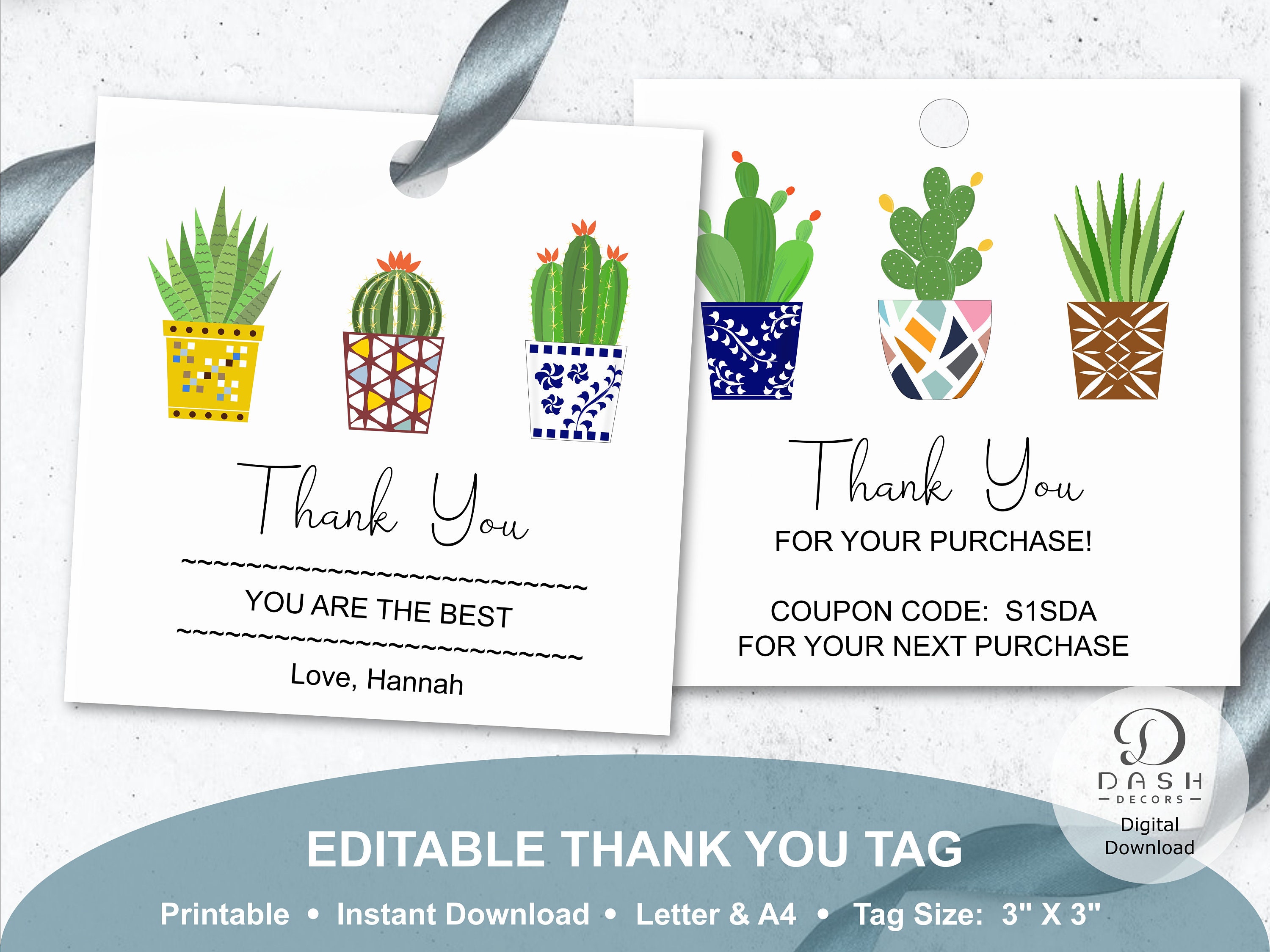 Editable Succulent Thank You Gift Tags Custom Printable - Etsy