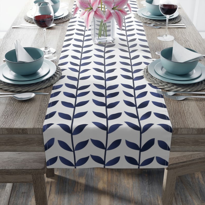 Blue Leaves Table Runner, White Table Runner in 16x72 and 16x90, Boho ...