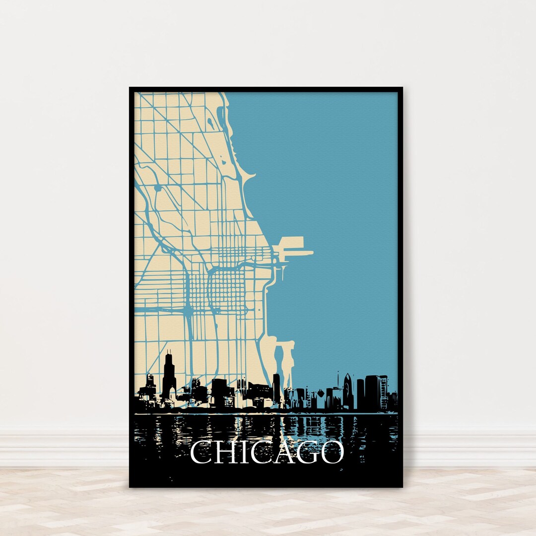 Chicago Wall Art | City Map Print With Chicago Skyline | Blue and Black ...
