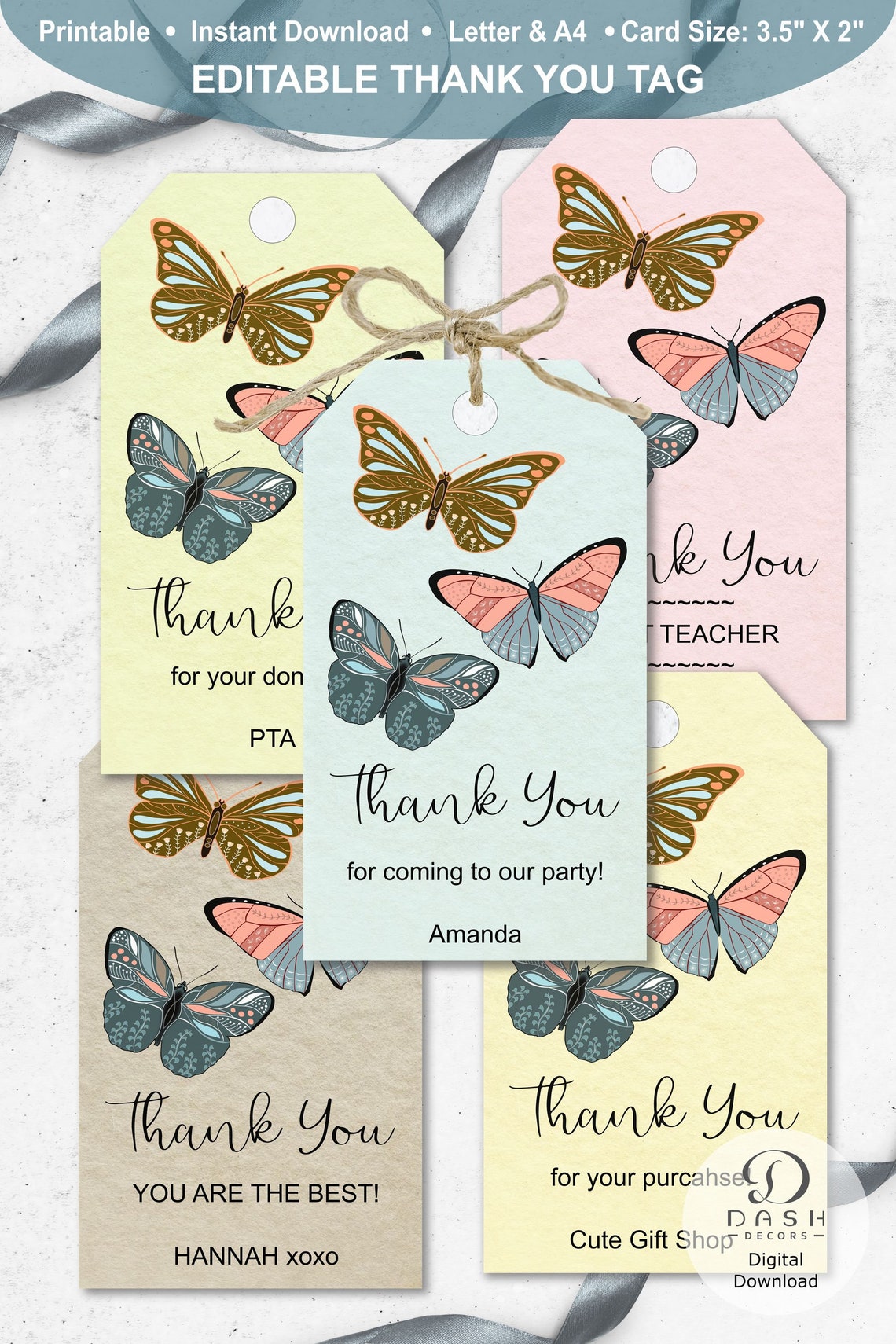 Editable Butterfly Thank You Tag Custom Party Favor Printable Gift Tag ...