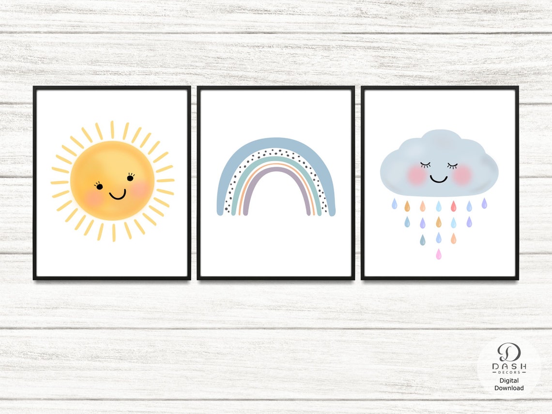 Sun, Rainbow, Cloud Wall Art Set for Nursery, Set of 3, Pastel Neutral ...