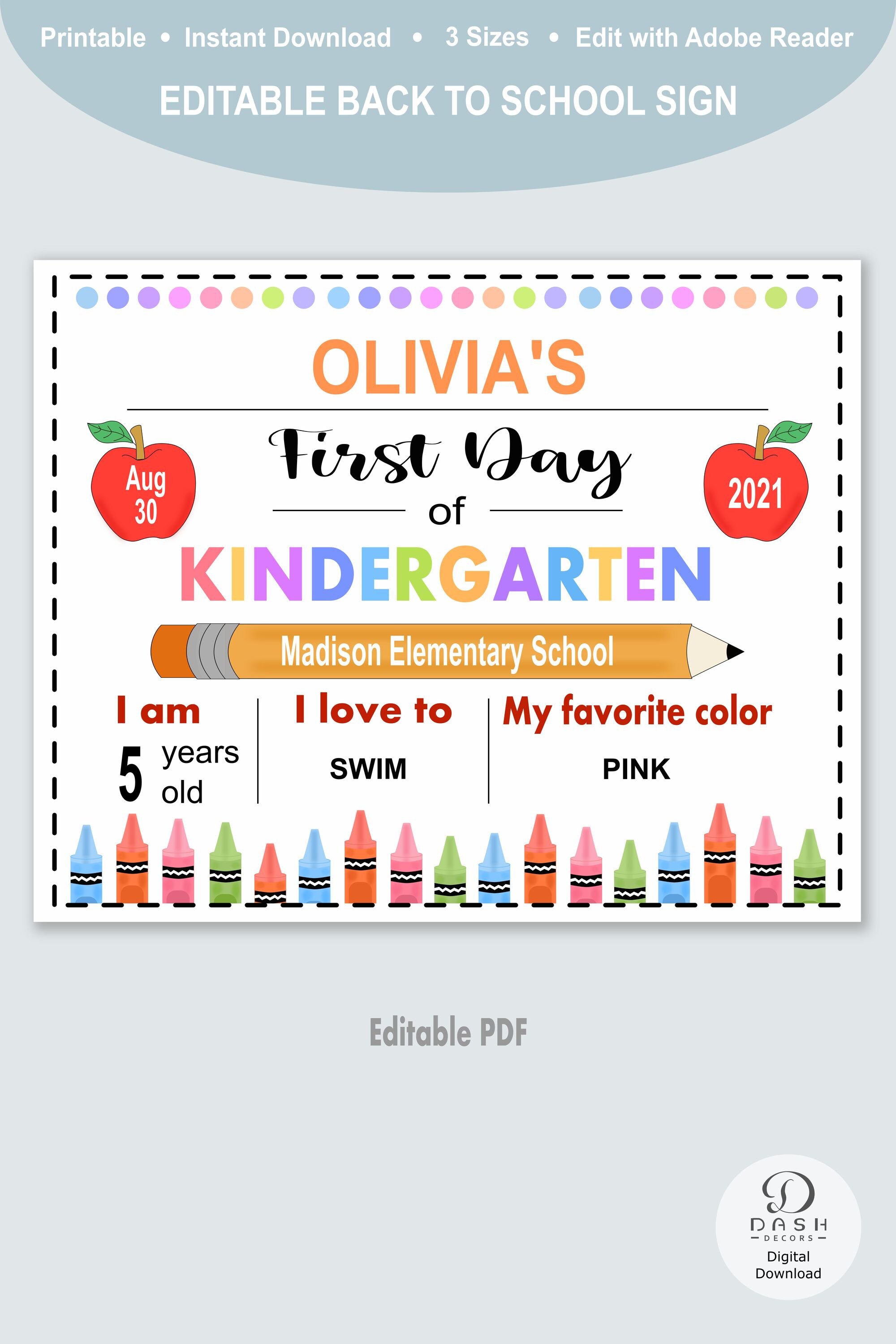 Editable First Day of Kindergarten Back to School Sign - Personalized ...