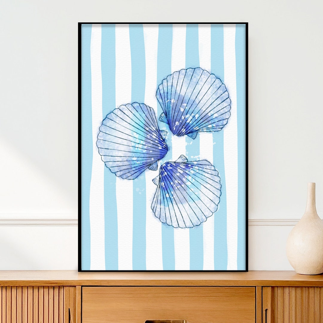 Blue Seashells Beach Print | Nautical Watercolor Costal Wall Art Print ...