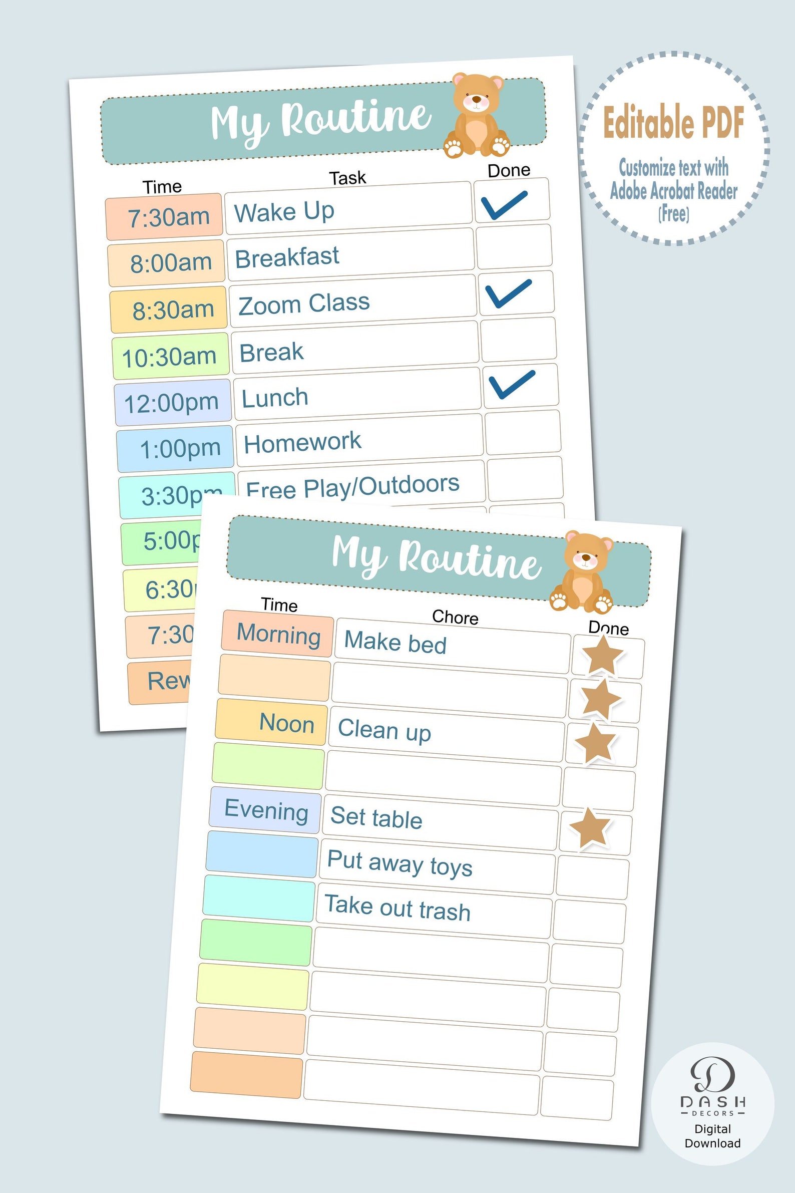 Editable Chore & Routine Chart for Kids With Time Digital Daily Routine ...