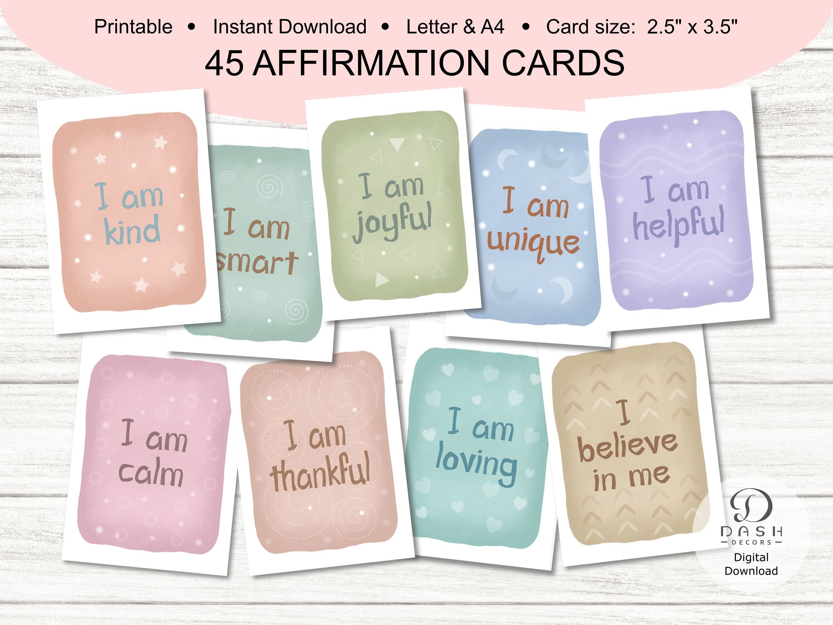 Printable Daily Affirmation Cards for Kids Set of 45 Affirmation Deck ...