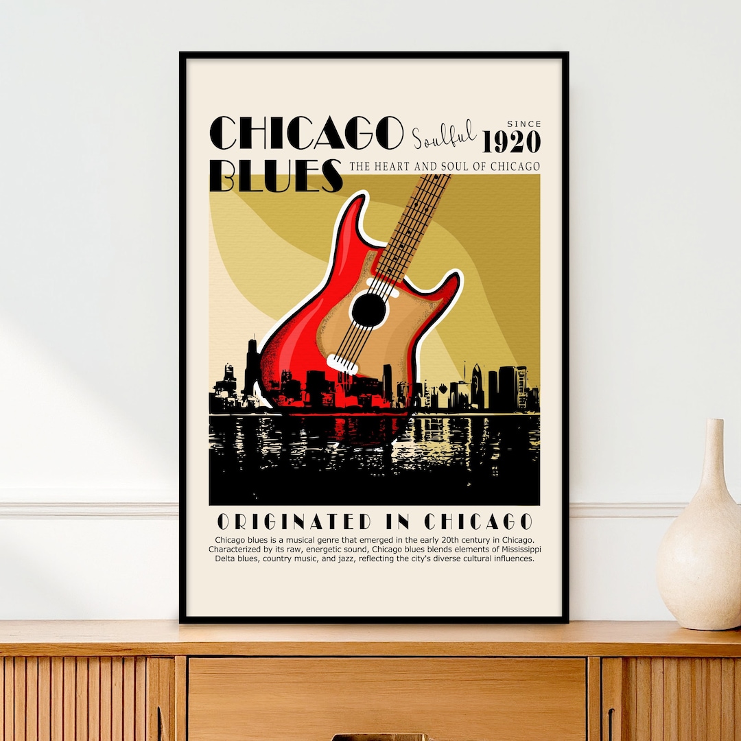 Chicago Blues and City Skyline Print | Retro Chicago Music Poster ...