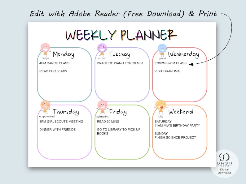 Editable Weekly Planner for Kids, Cute Undated Weekly Planner, Weekly ...