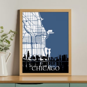 Chicago Wall Art | City Map Print With Chicago Skyline | Blue and Black ...