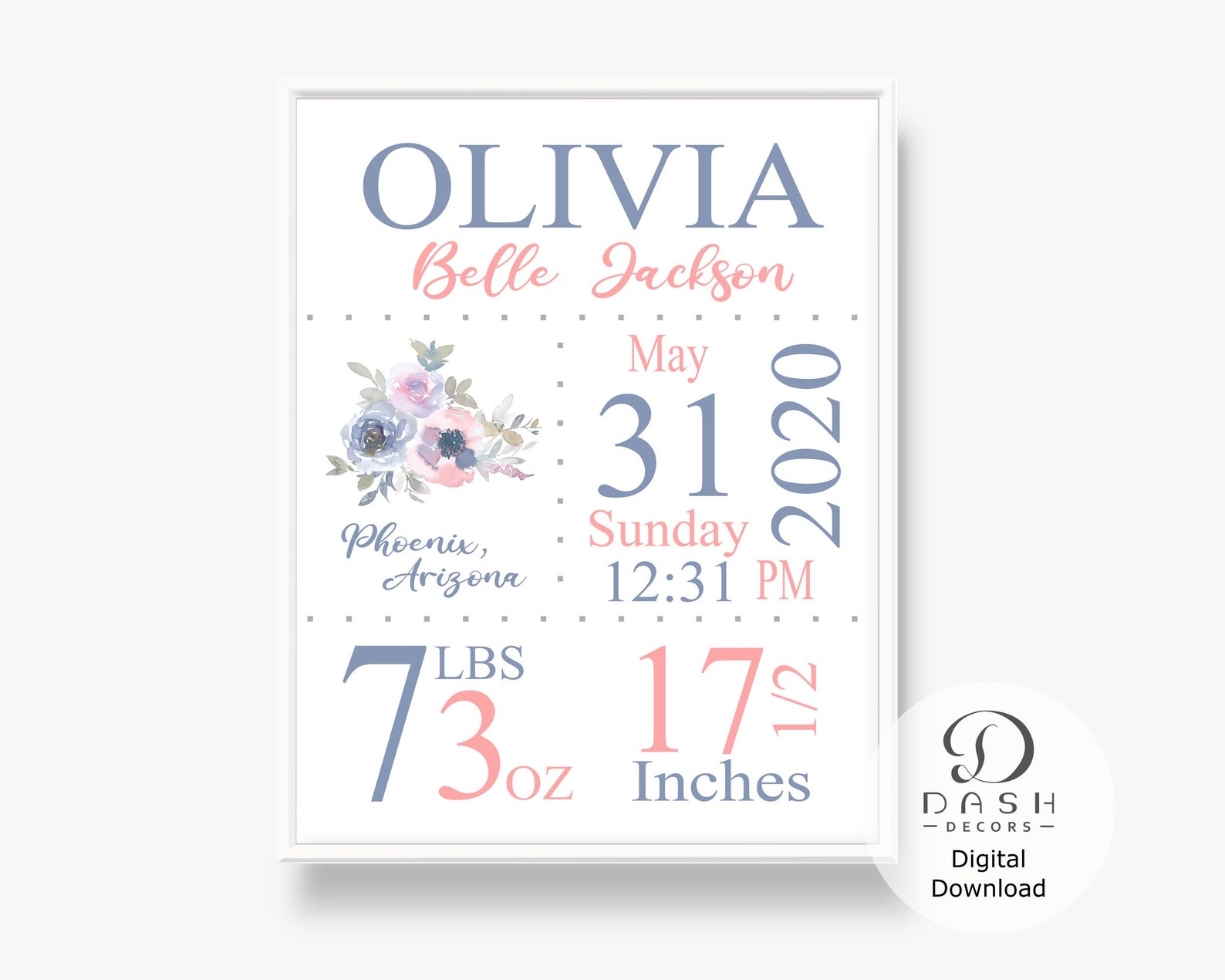 Custom Birth Announcement Printable Wall Art for Girl - Etsy