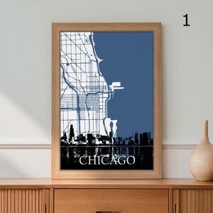 Chicago Wall Art | City Map Print With Chicago Skyline | Blue and Black ...