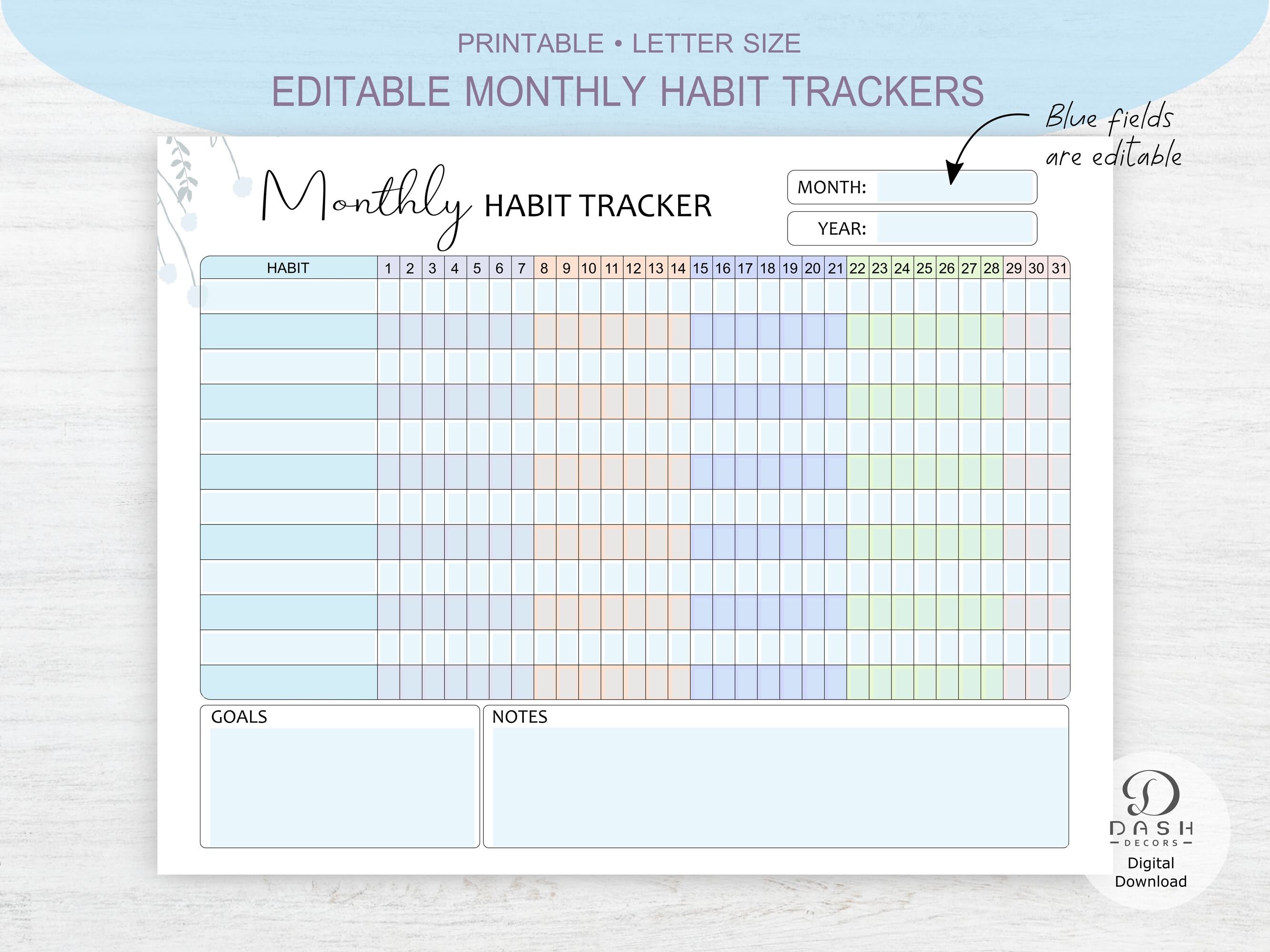 Editable Monthly Habit Tracker Templates, Undated Goal Planner ...