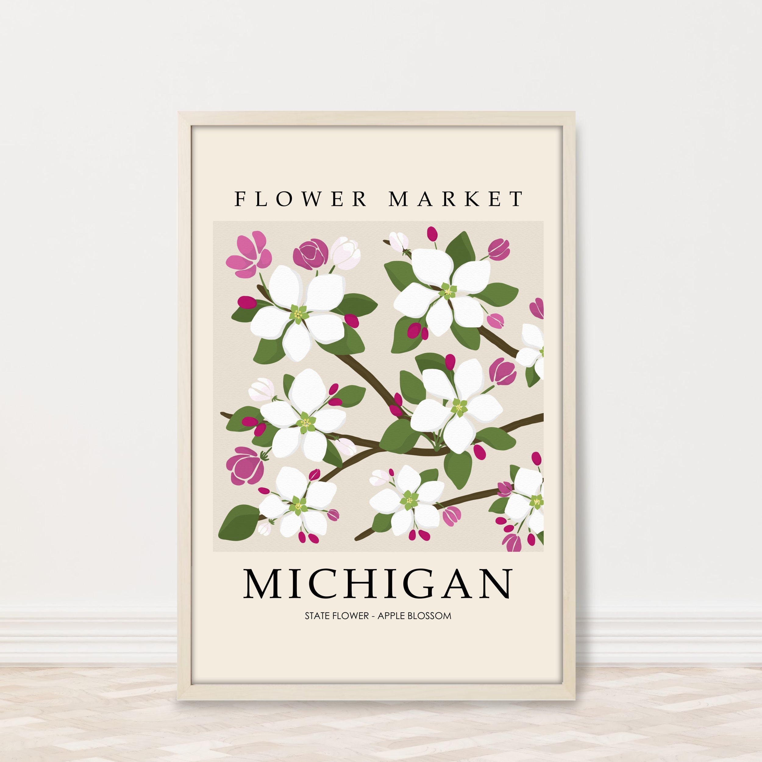 Michigan Flower Market Print With Apple Blossom, State Flower Art ...