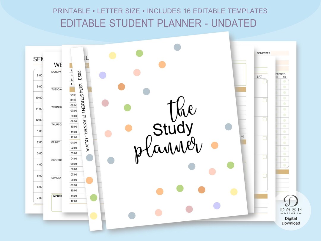 Editable Student Planner, Undated Study Planner for Students, Printable ...