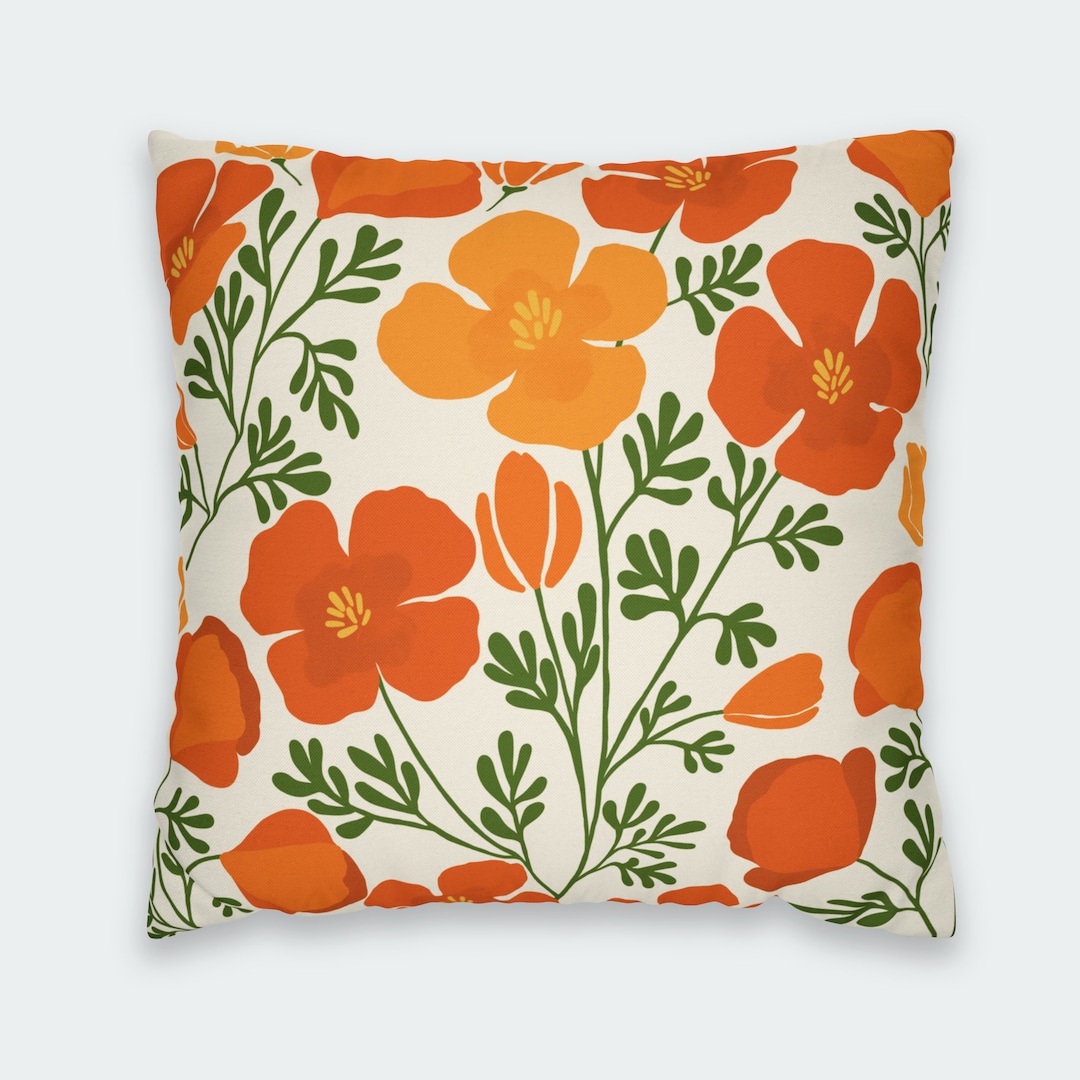 California Poppy Flower PILLOW COVER, Boho Floral Sofa Throw Pillow ...