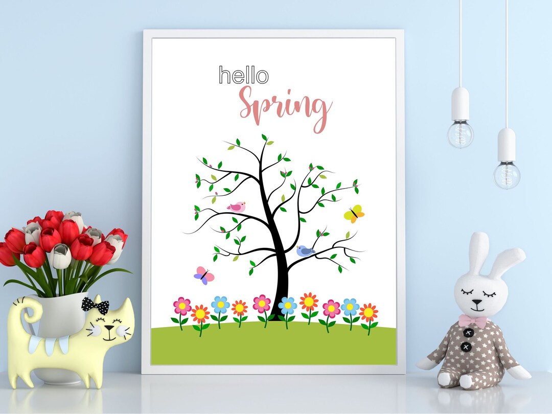 Hello Spring Tree and Flower Printable Wall Art - Spring Four Seasons ...