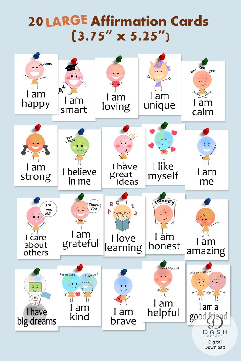 LARGE Daily Affirmation Cards Printable for Kids Digital | Etsy