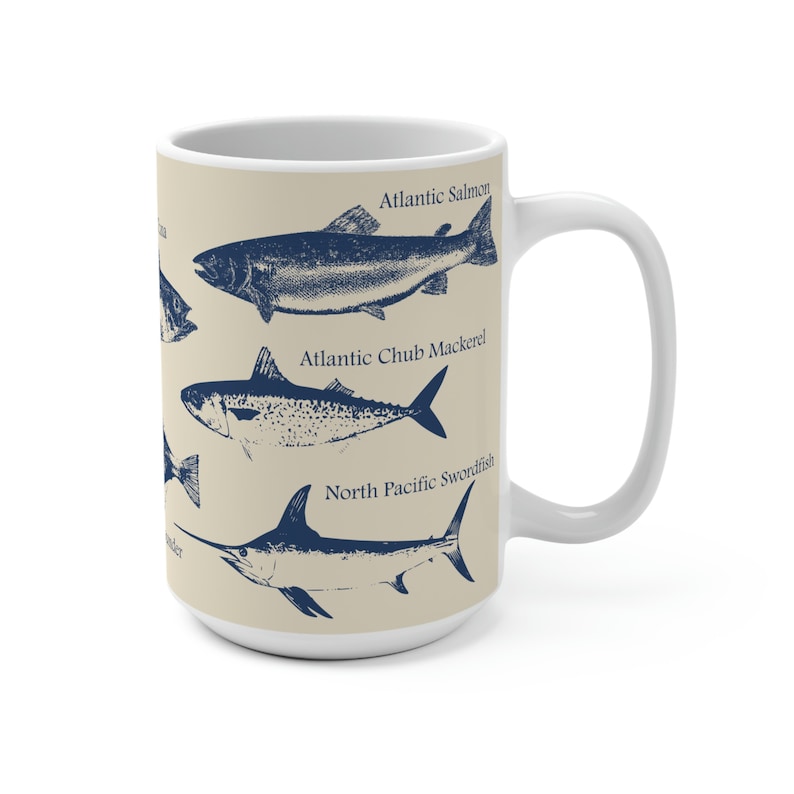 Taza de café con diseño de pez azul de 15 oz, taza de té con asa grande ...