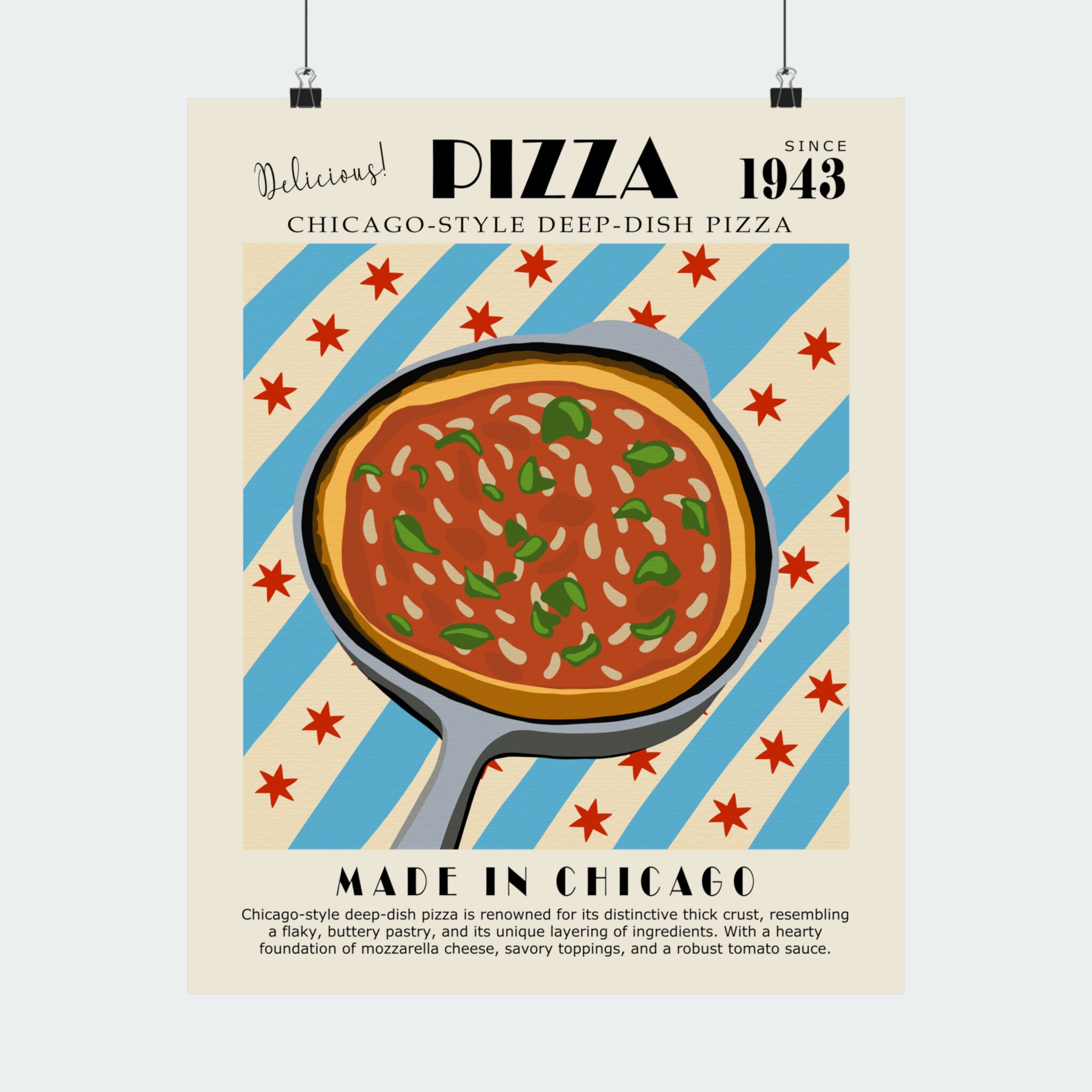 Chicago Pizza Poster, Chicago-style Deep-dish Pizza Art Print, Retro ...