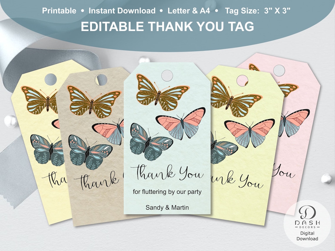 Editable Butterfly Thank You Tag Custom Party Favor Printable Gift Tag ...