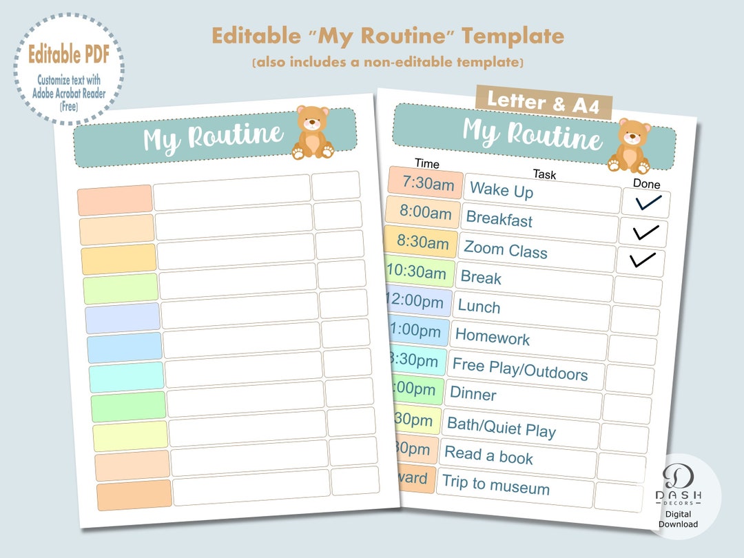 Editable Chore & Routine Chart for Kids With Time - Digital Daily ...