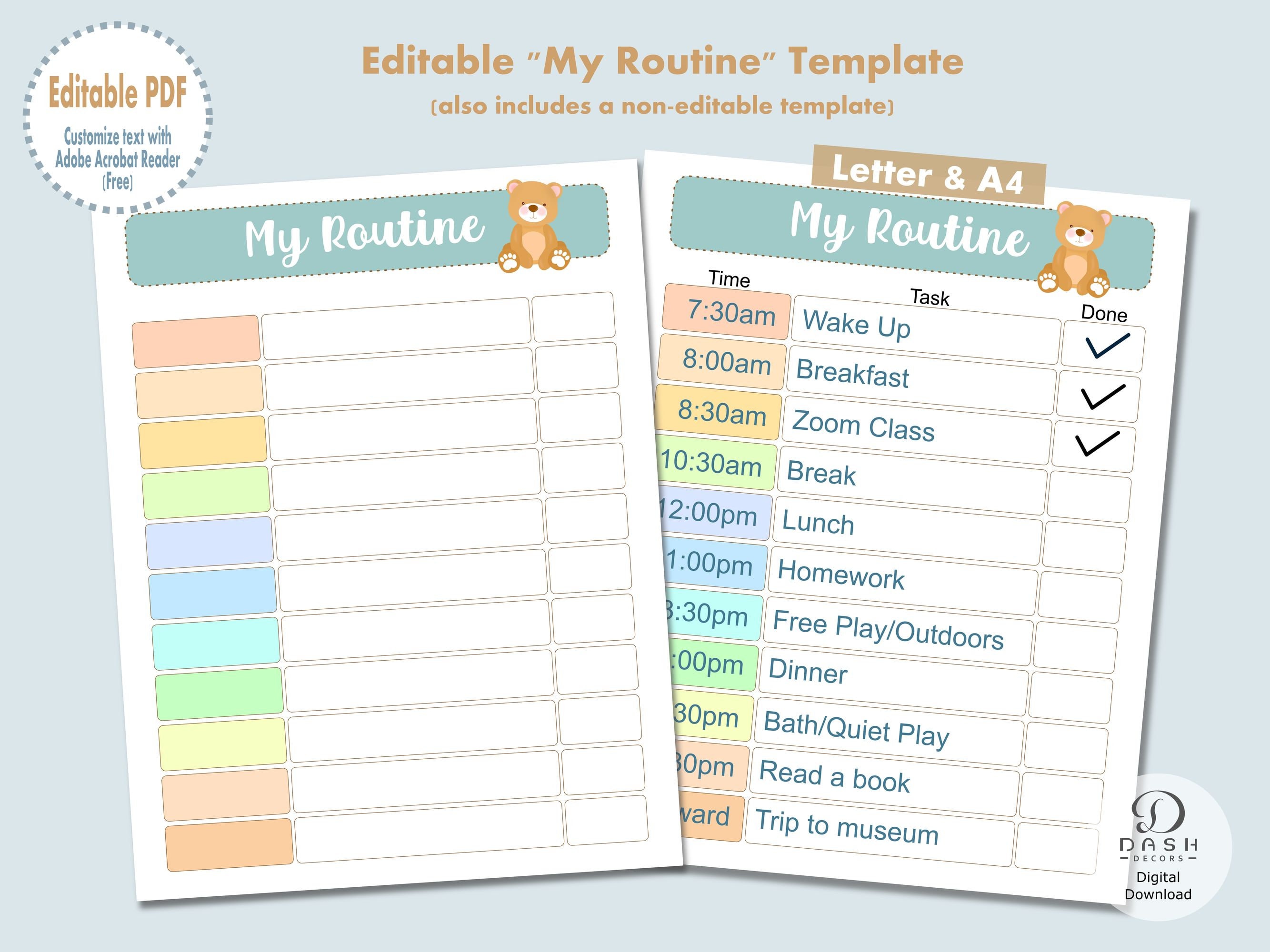 Editable Chore & Routine Chart for Kids With Time Digital Daily Routine ...