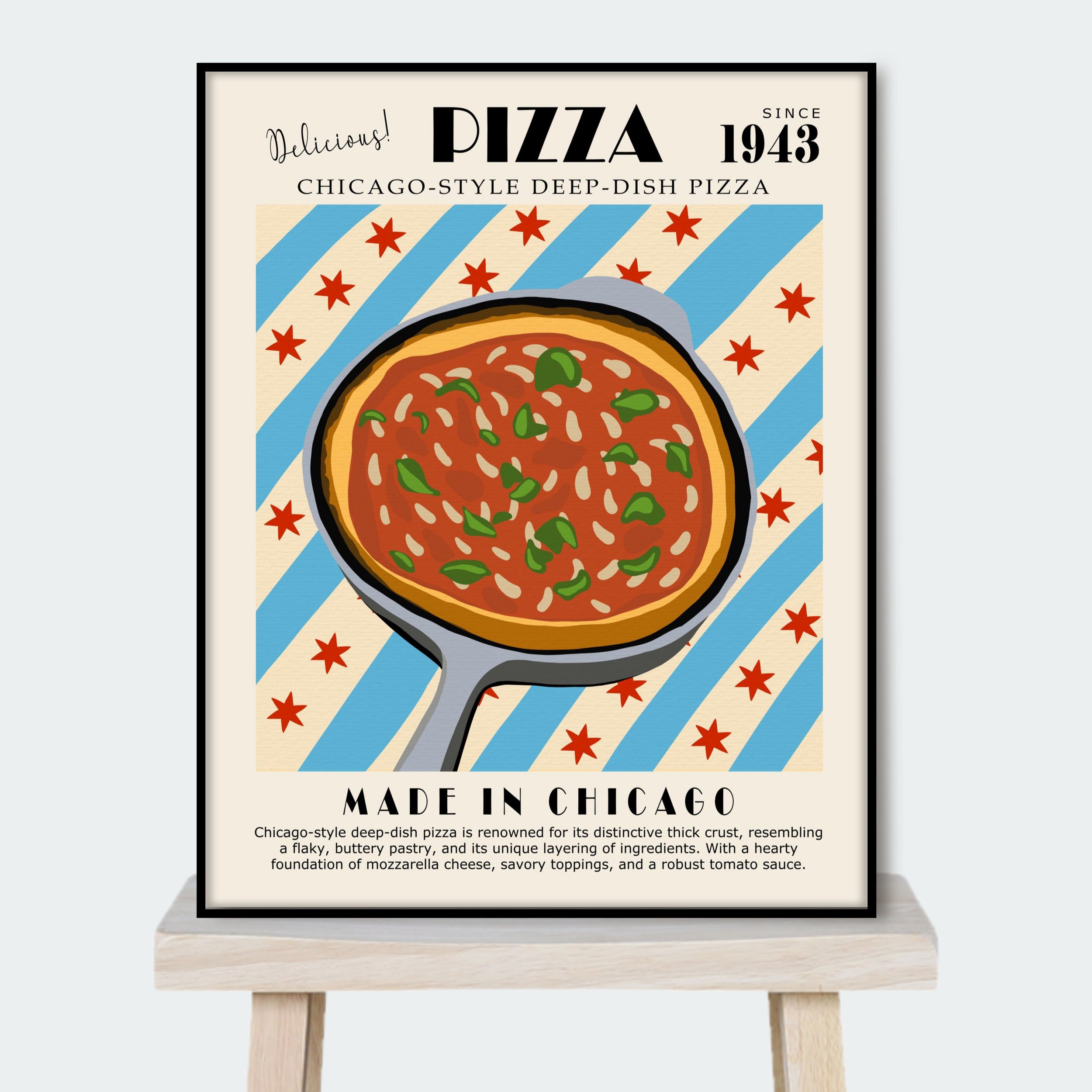Chicago Pizza Poster, Chicago-style Deep-dish Pizza Art Print, Retro ...
