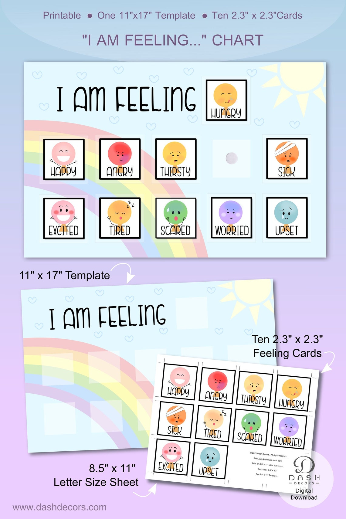Visual I Am Feeling Chart and Cards Set for Kids, Toddlers Printable ...